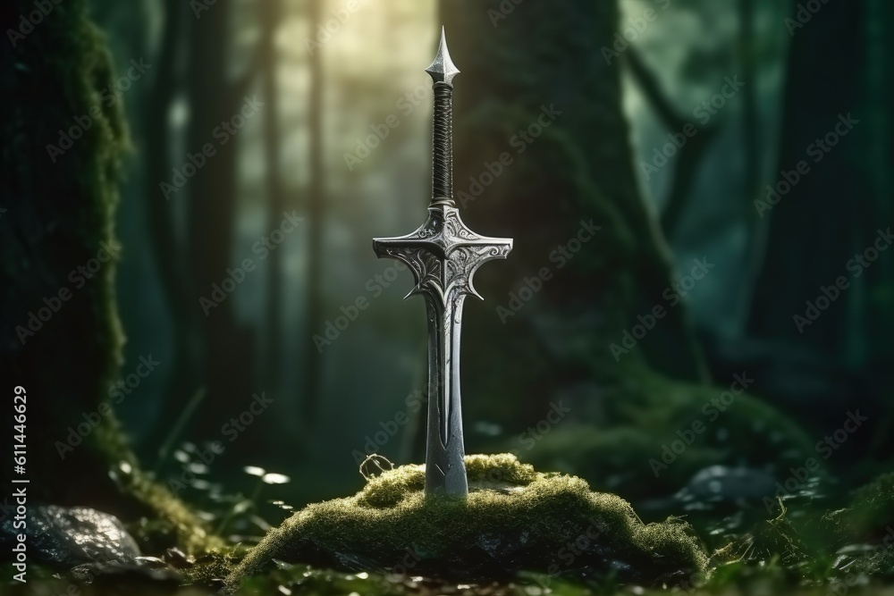 Poster Medieval sword stuck in stone, fantasy and history concept ...