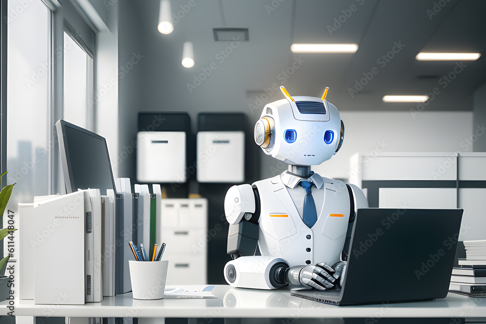 Cute robot businessman is working in the office. Concept idea of a bot ...