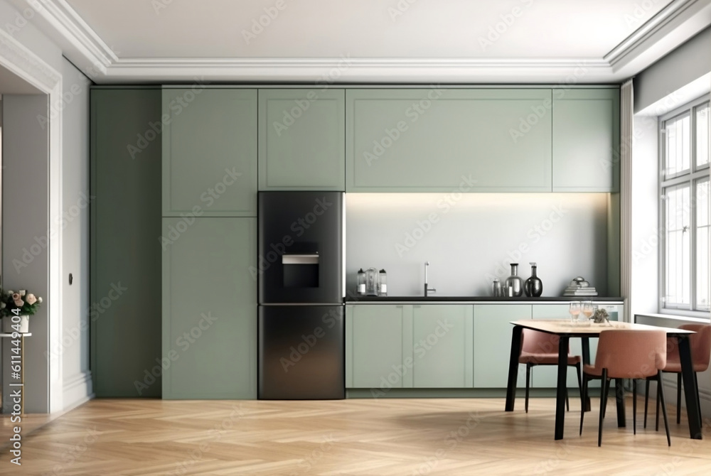 Blank sage green wall partition, white baseboard on parquet floor in ...