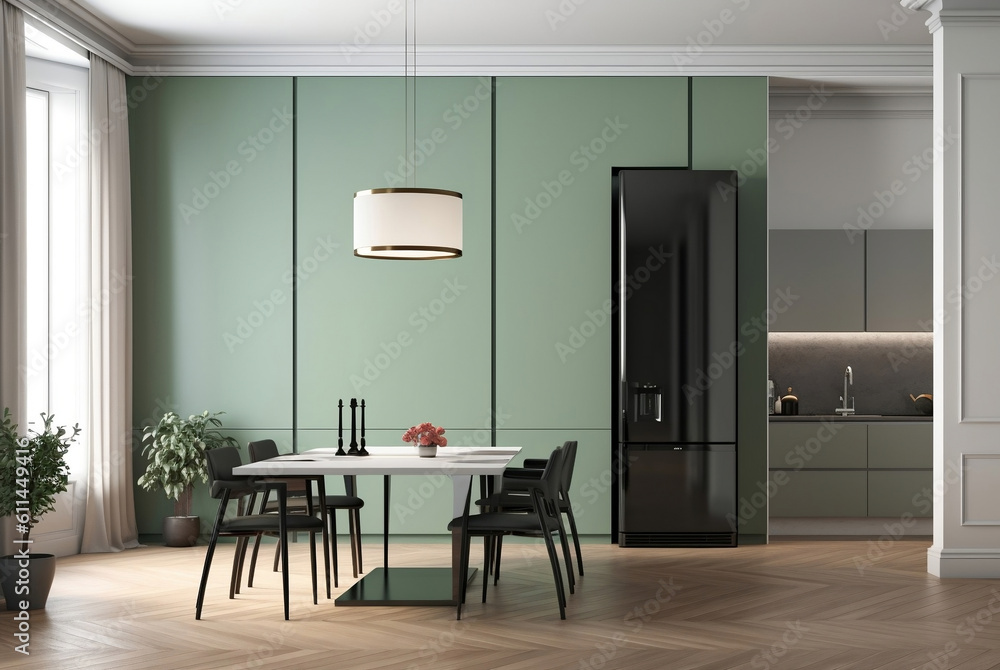 Blank sage green wall partition, white baseboard on parquet floor in ...