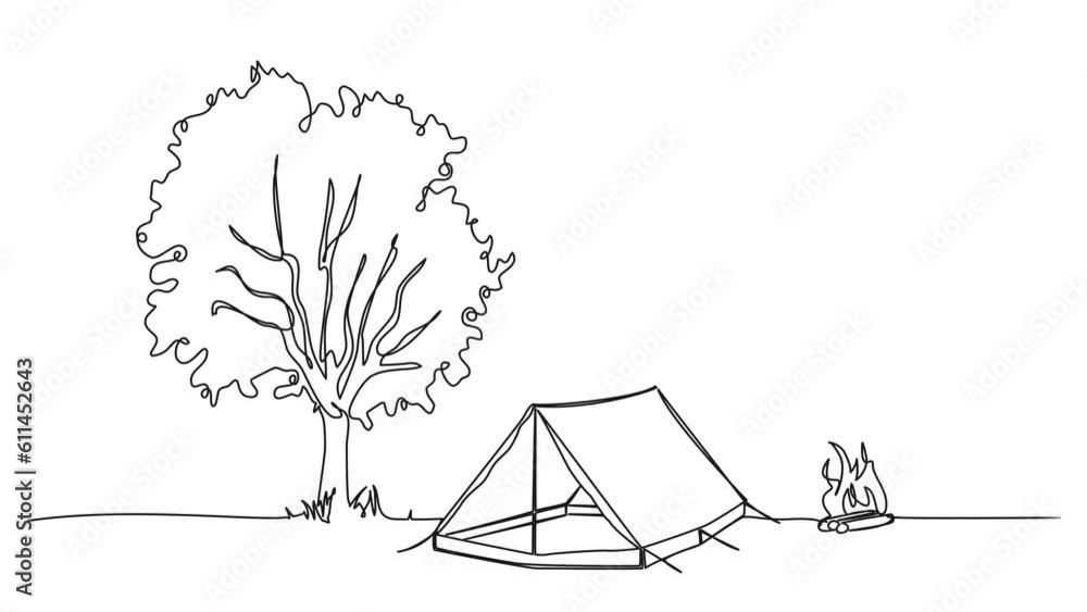 animated continuous single line drawing of tent and campfire next to ...