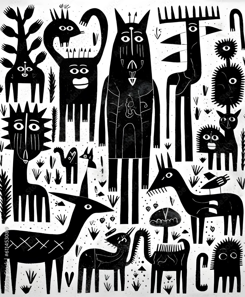 black and white drawings of a group of animals, in the style of mexican ...