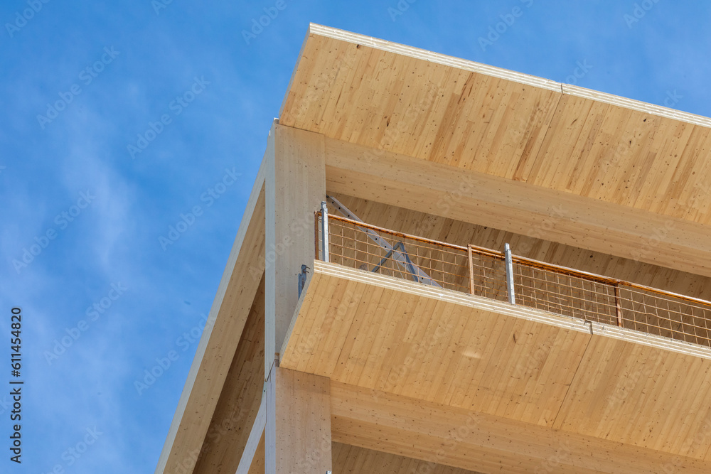 The wooden balconies and interior ceilings of a engineered timber multi ...