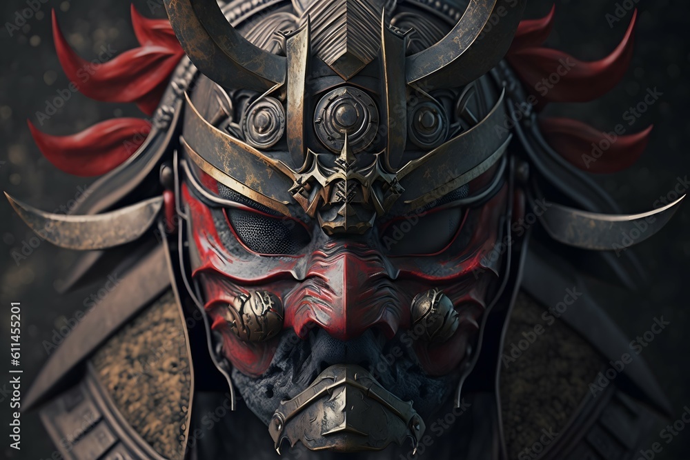 photo a ancient samurai mask front side,background dark,dark,red ...