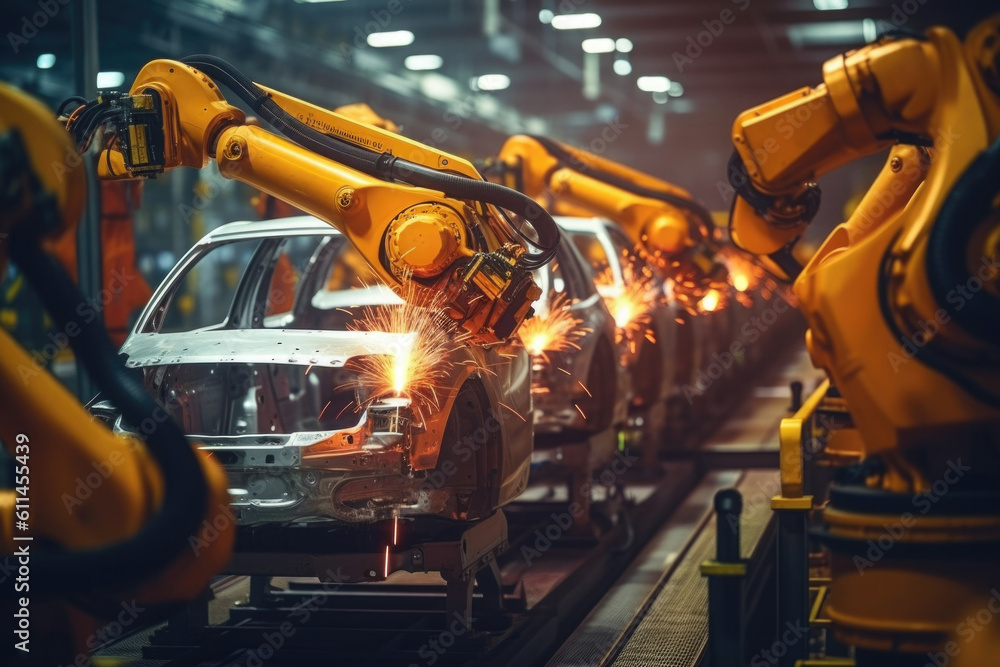 Car factory with robotic arms at assembly line. Automated vehicle ...