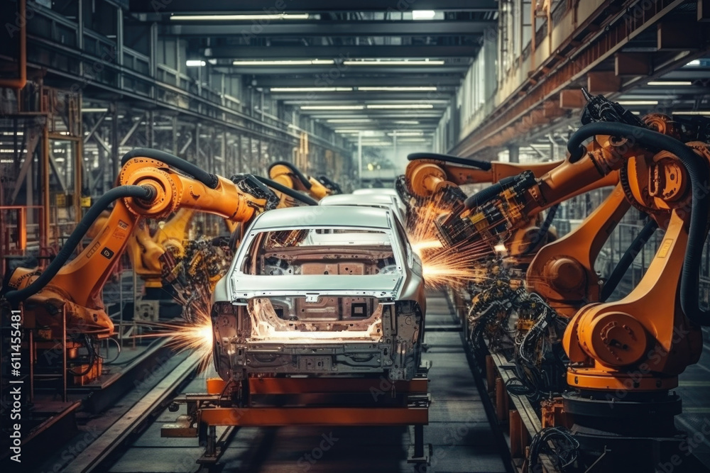 Car factory with robotic arms at assembly line. Automated vehicle ...
