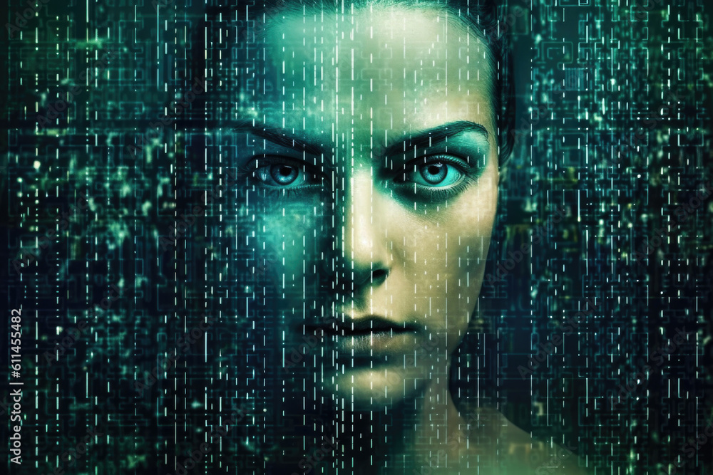 Female face against binary code. Human looking at camera from matrix ...