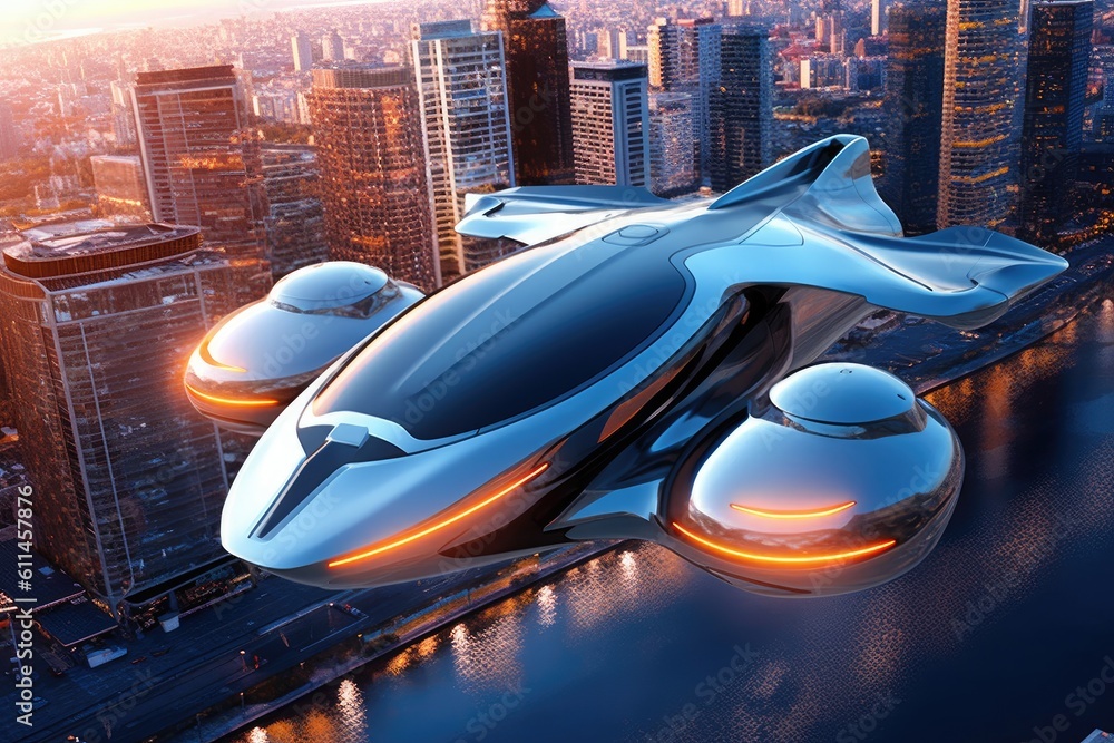 Atmospheric scene featuring a futuristic flying car soaring through the ...