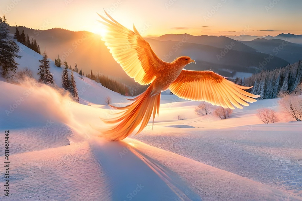 A mythical frost phoenix, an icy variation of the fiery bird, leaving ...