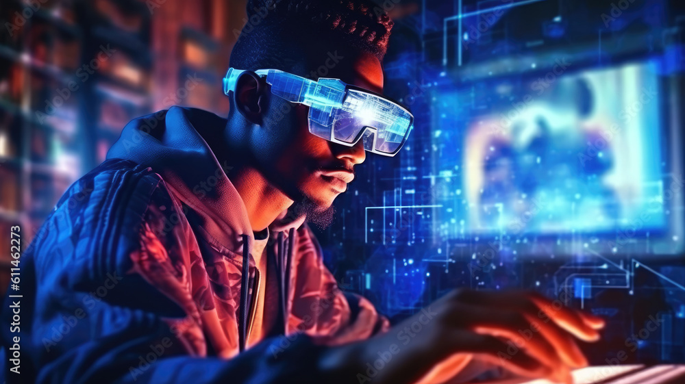 Computer programmer testing virtual reality simulator glasses. Screen ...