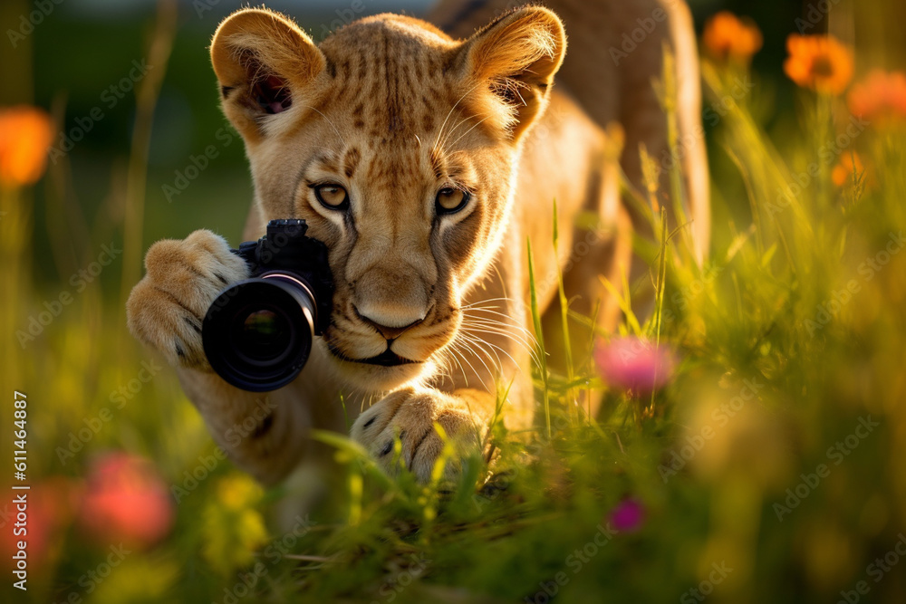 Lion with camera in wild place, hime in grass, created with Generative ...