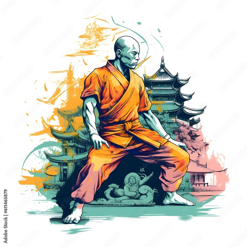 Graphic tshirt vector of a shaolin warrior in front of a temple in pose of fight, detail design ...