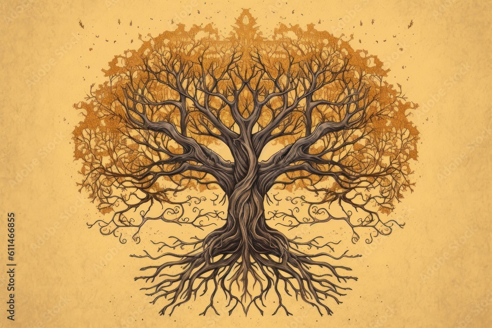 intricately detailed vector illustration of a majestic tree with roots ...