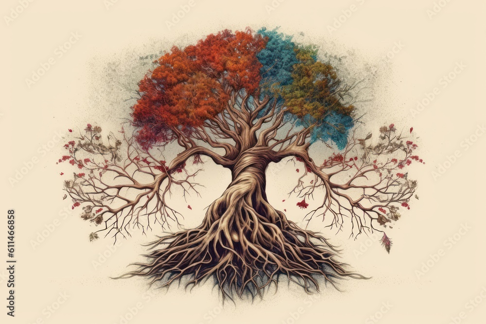 intricately detailed vector illustration of a majestic tree with roots. Generative AI Stock ...