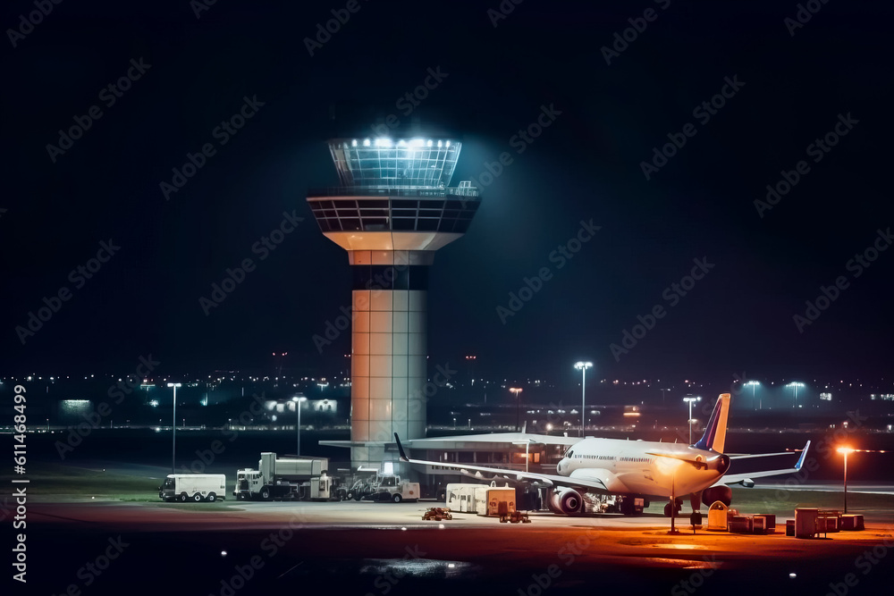 Airport control tower at night. Generative AI Stock Photo | Adobe Stock