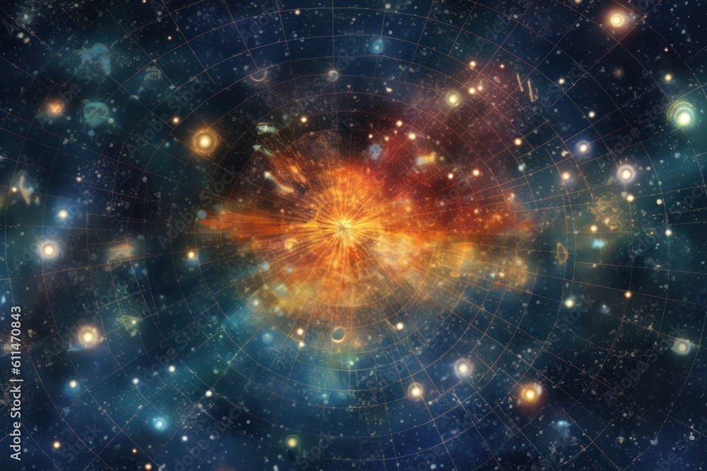 Illustrate a highly detailed scene depicting a vast cosmic sky filled ...