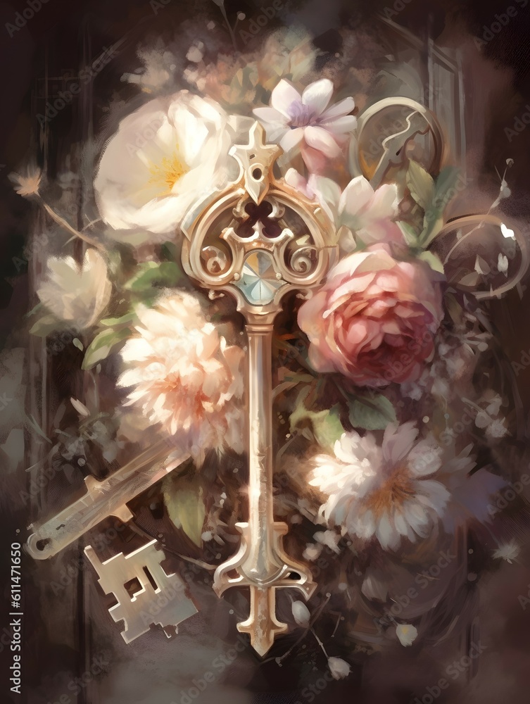 a decorative key with roses and flowers is shown, in the style of ...