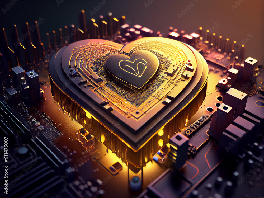 glowing microprocessor heart on a printed circuit board. Generative AI Stock Illustration ...