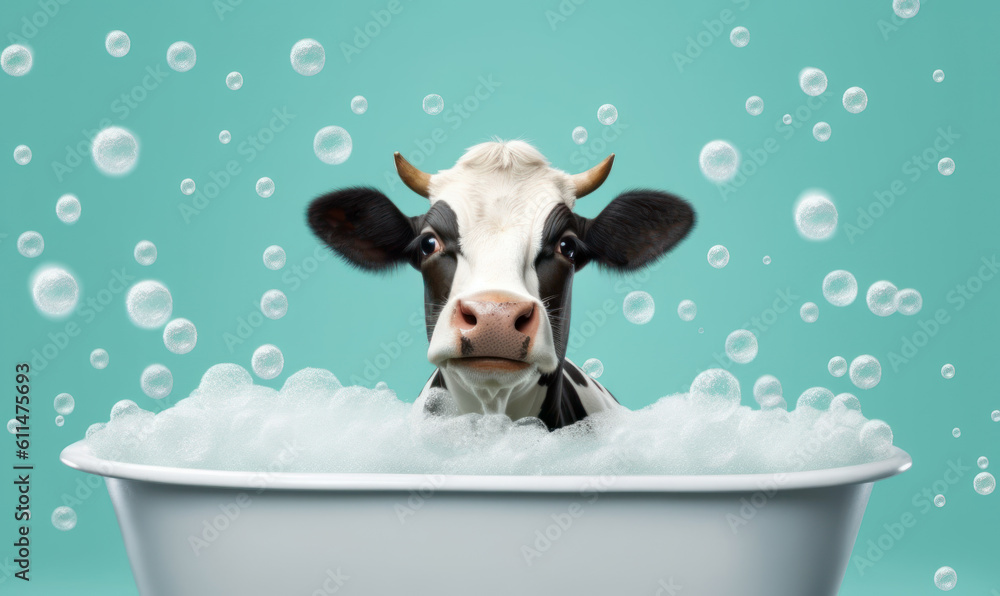 Cow Bubbly Bliss: Adorable Black and White Cow Takes a Relaxing Bath in ...
