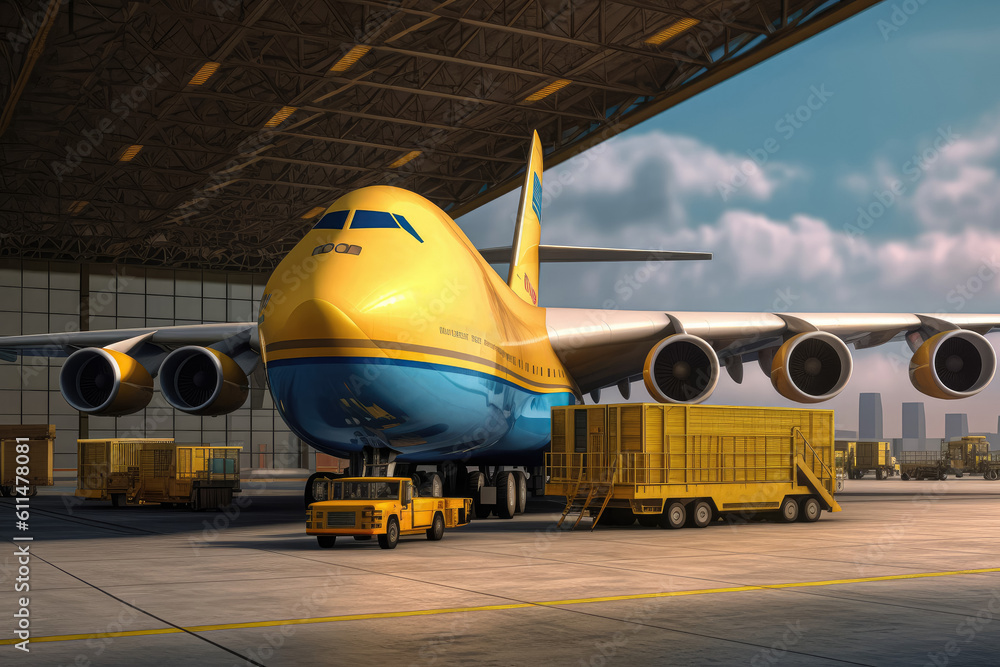 A giant cargo plane in a hangar being loaded. The concept of modern and ...
