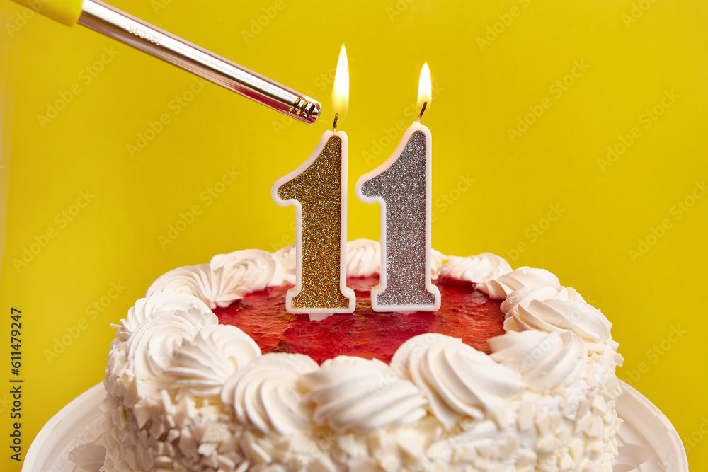 A candle in the form of the number 11, stuck in a holiday cake, is lit ...