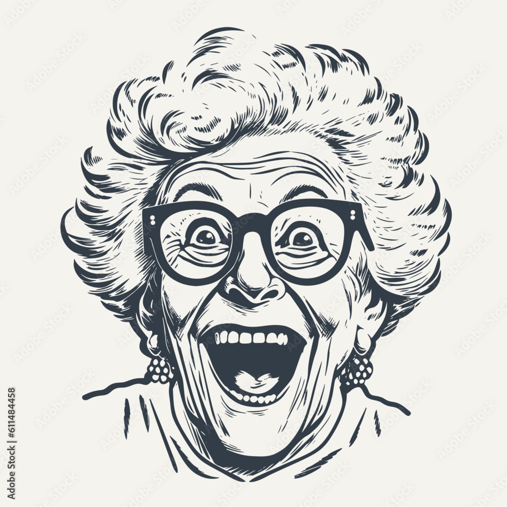 Excited emotional grandma with open mouth. Vintage woodcut engraving ...