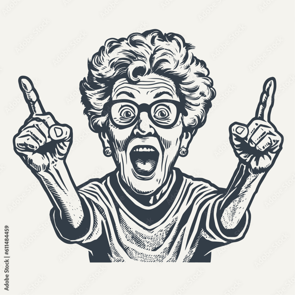Excited emotional grandma pointing up with fingers. Vintage woodcut ...