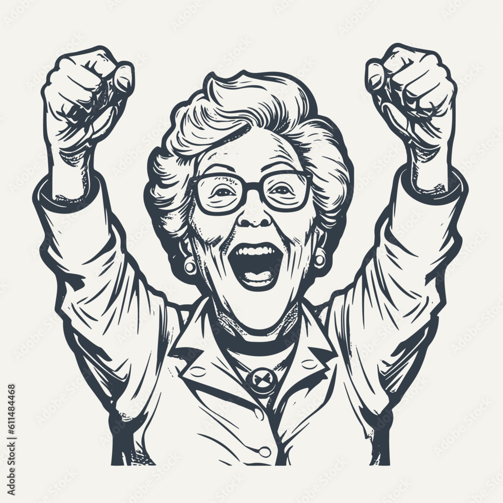 Excited emotional grandma raising fists. Vintage woodcut engraving ...