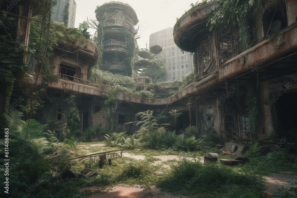 Sci-fi city ruins in a post-apocalyptic jungle like Planet of the Apes ...