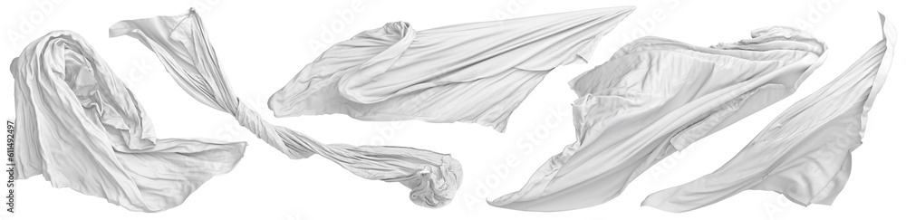 Flying white cloth with folds isolated on transparent background. 3D ...