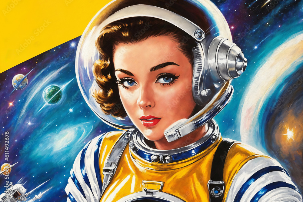 Portrait of a beautiful woman as an astronaut on background of stars ...