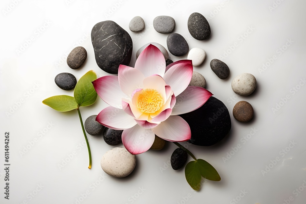 lotus flower with spa stones on white background top view in flat lay ...