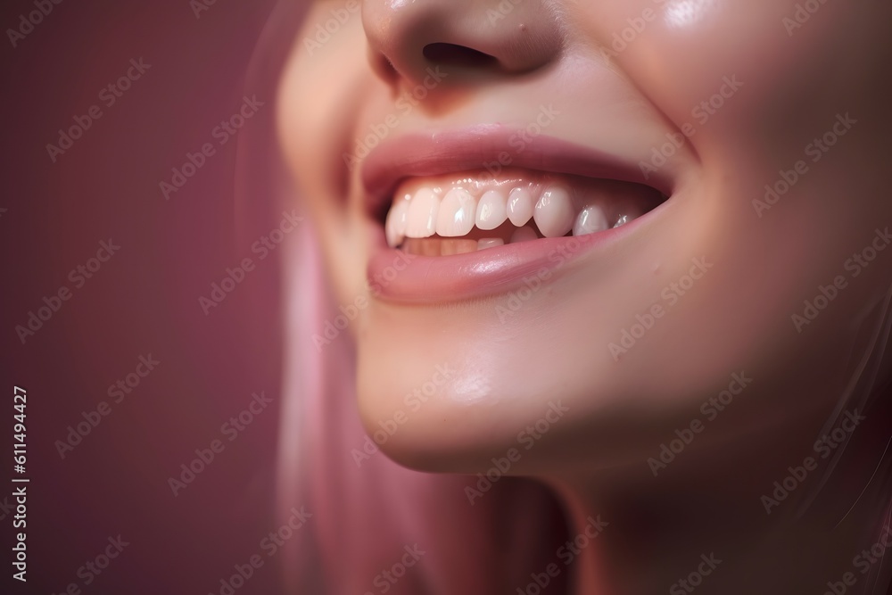 closeup of perfect smile woman teeth,on pink background, studio photo ...