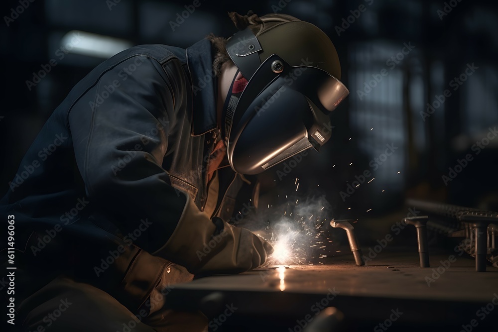 Illustrazione Stock A welder uses gas to weld structural steel ...