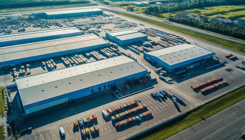 Aerial top view of the large logistics park with warehouse, loading hub ...