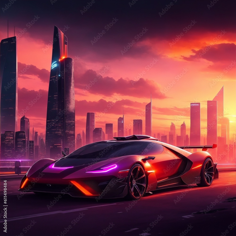 futuristic concept car with city and sunset background created with ...