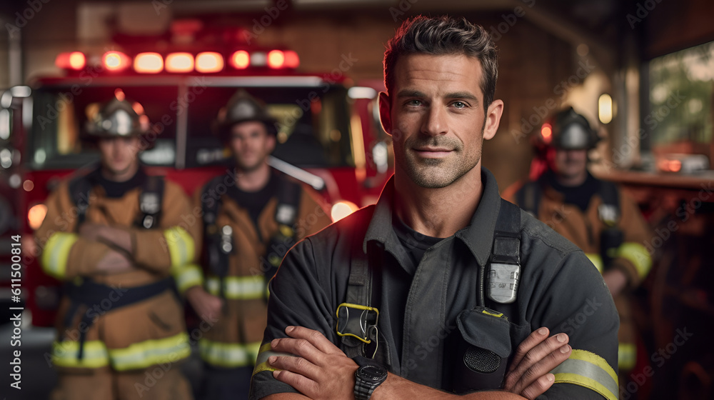 firefighters at the fire station A confident firefighter standing with ...