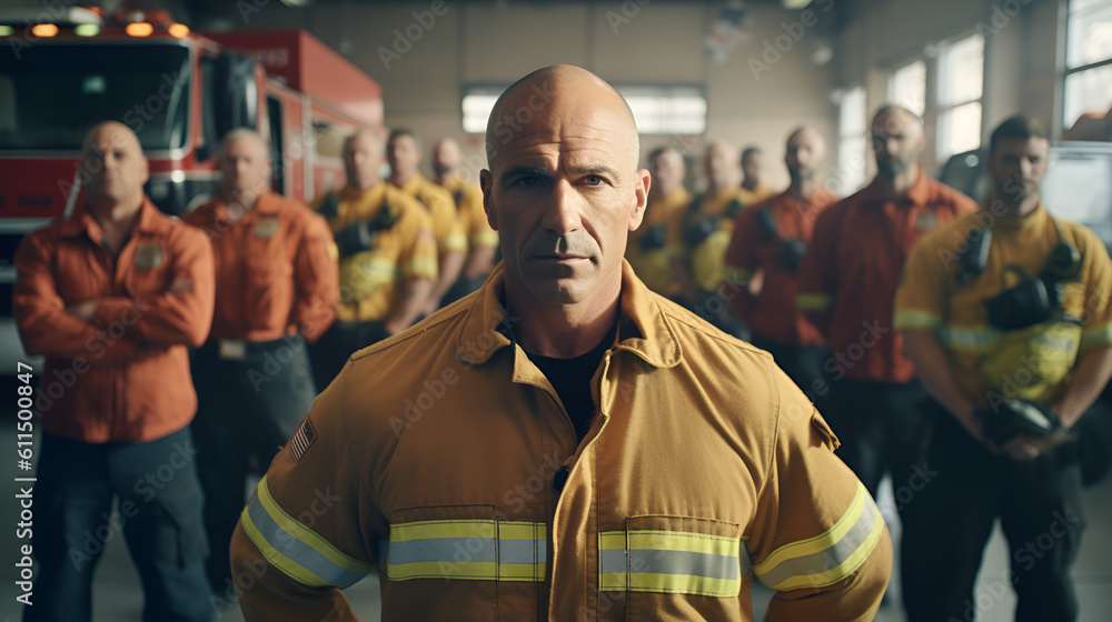 firefighters at the fire station A confident firefighter standing with ...