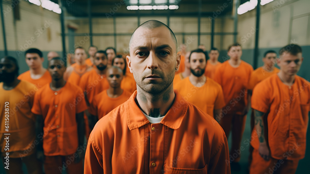 Prisoners in orange shirts at the prison Desperate handcuffed prisoner ...