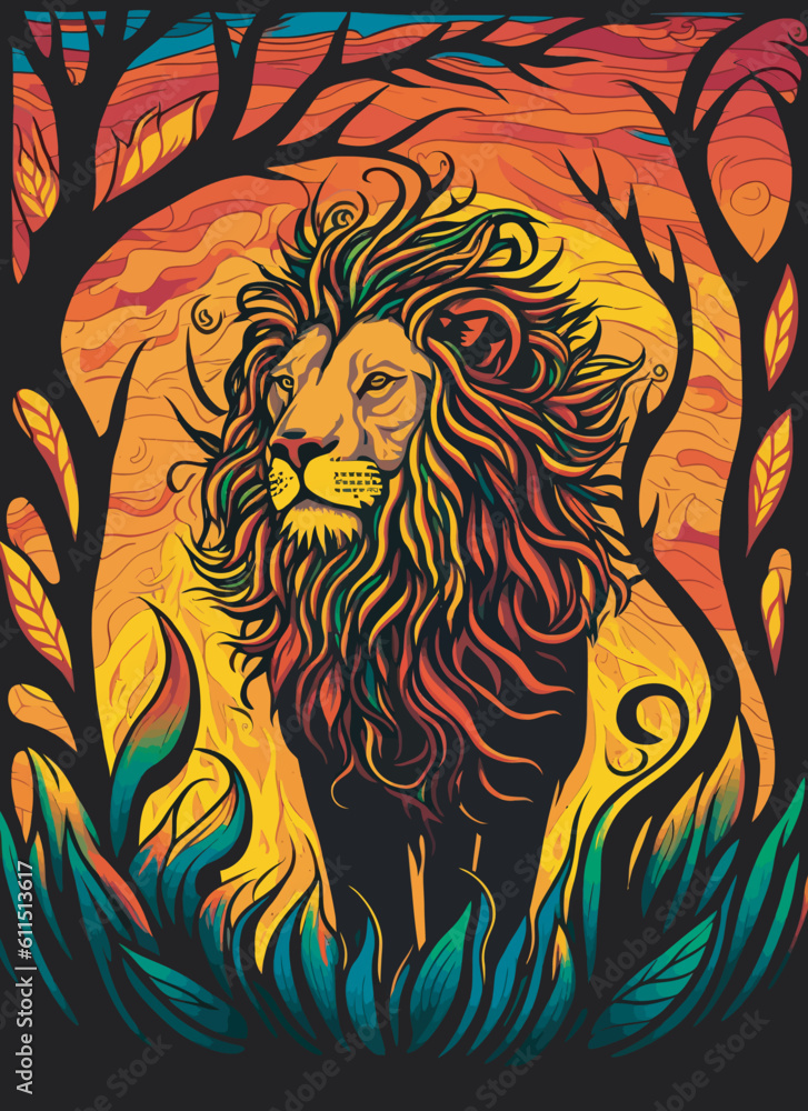 Lion. abstract portrait of a lion in the jungle background with ...