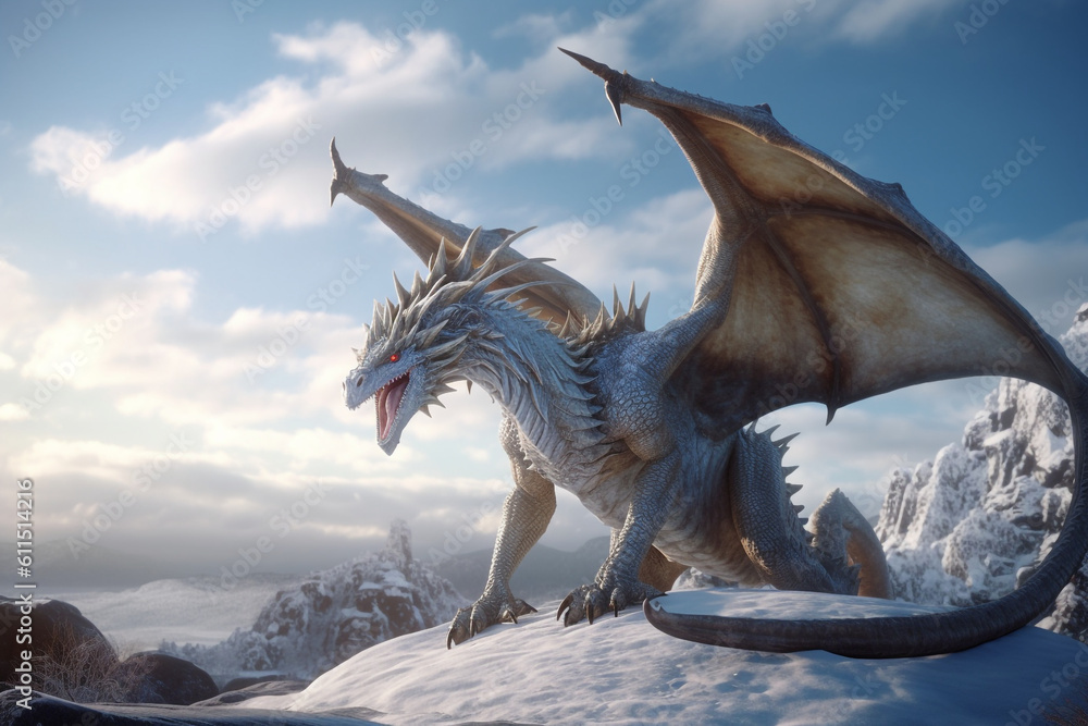 Fantasy, a winter dragon on a snowy mountain, full body, horned, winged ...