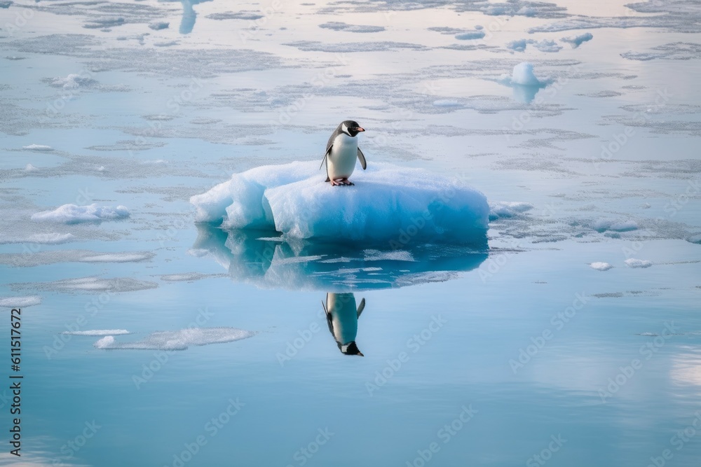 A lone penguin on a melting ice floe. Climate change concept. AI ...
