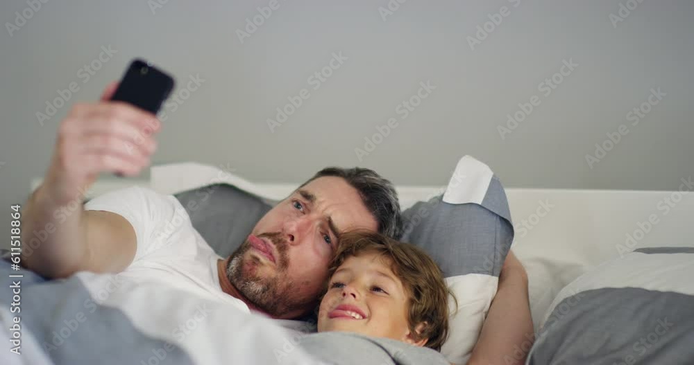 Silly, selfie and father with child in a bed happy, bond and embrace in ...