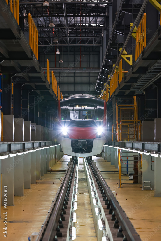 The train is approaching the platform in the new train station, A ...