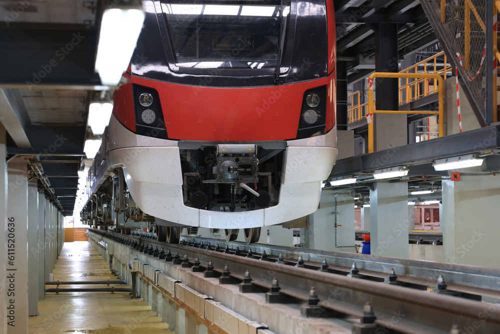 The train is approaching the platform in the new train station, A ...