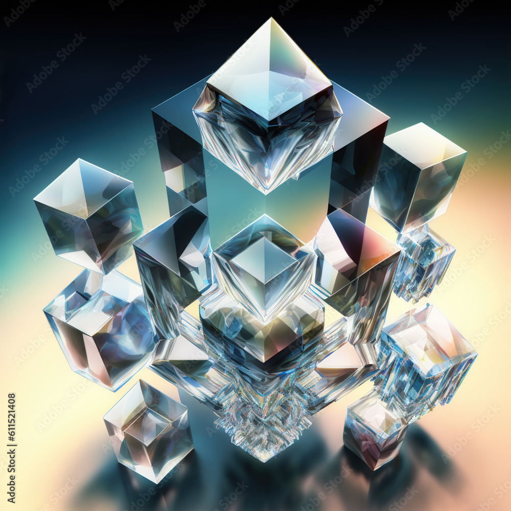 Modern digital abstract art of glassy geometric transparent cubic shape ...