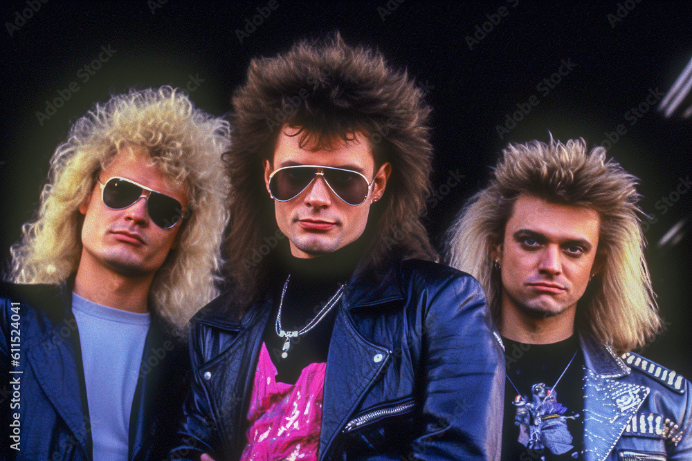 Glam rock band portrait in the 1980s. Big hair and makeup. Stock ...