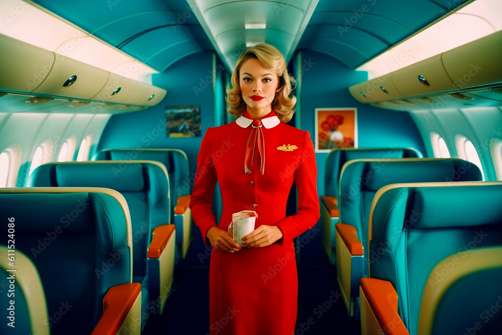 Female flight attendant or stewardess wearing classic red uniform in a ...
