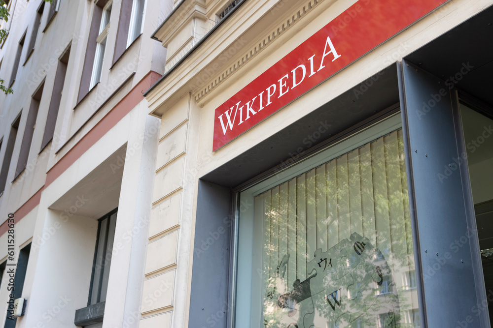 Wikipedia sign and logo is displayed on front of WikiBär workspace in ...