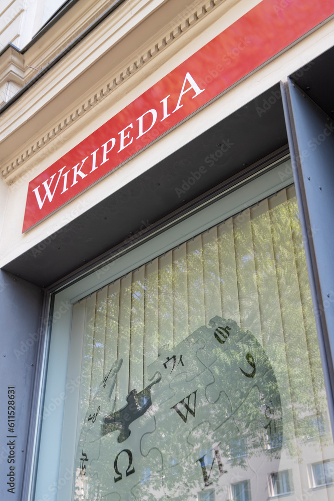 Wikipedia sign and logo is displayed on front of WikiBär workspace in ...